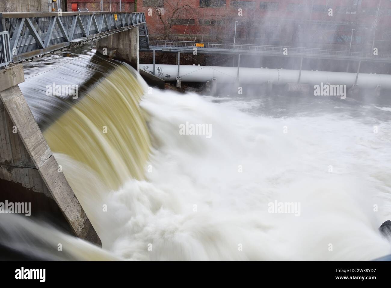 Magog river Sherbrooke downtown Abenakis dam rushing water and long ...
