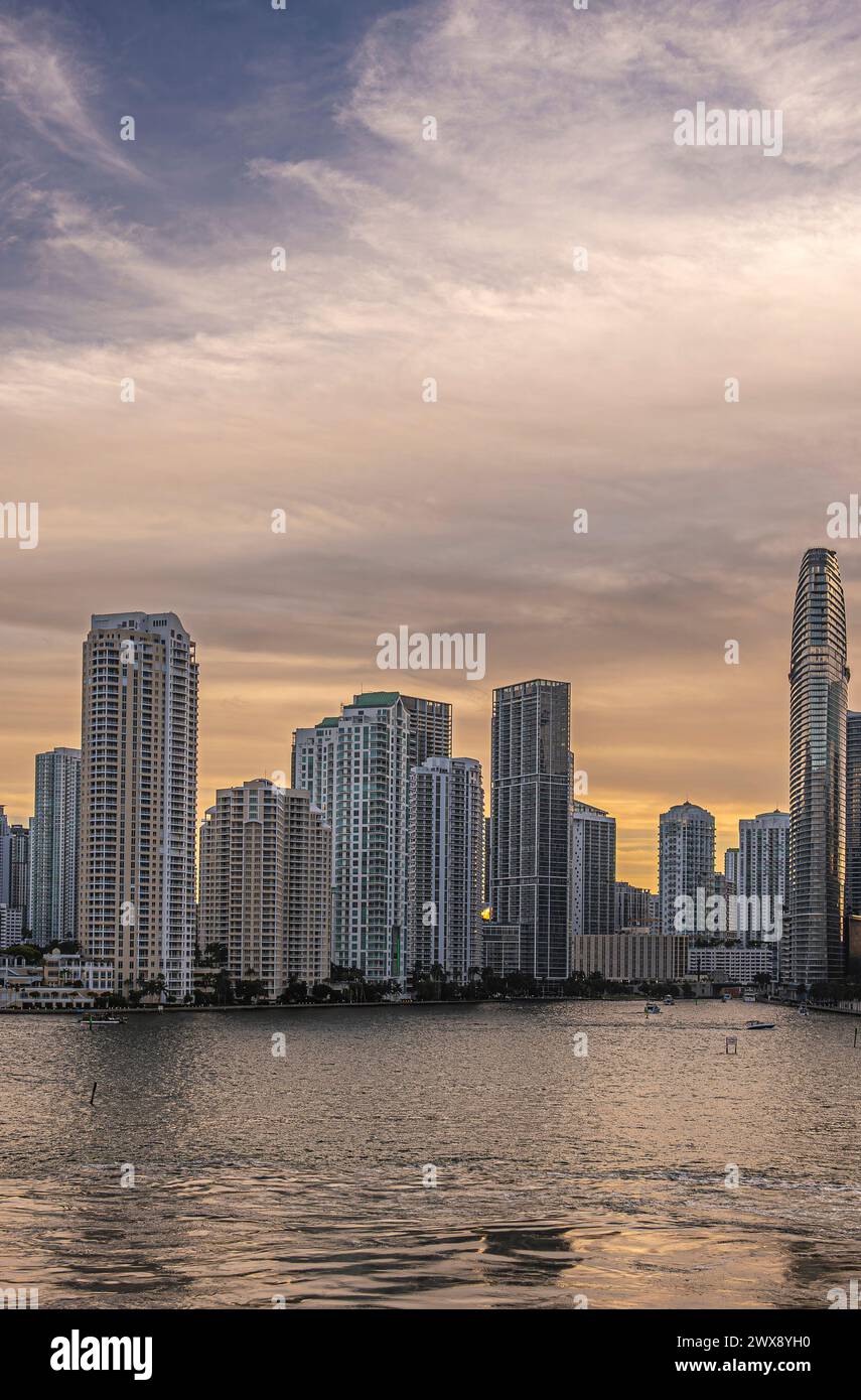 Miami, Florida, USA - July 29, 2023: Portrait. Sunset over buildings on ...