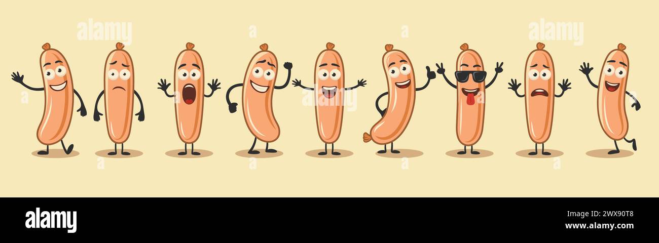Cute and Funny Cartoon Sausage Characters in Different Poses and ...