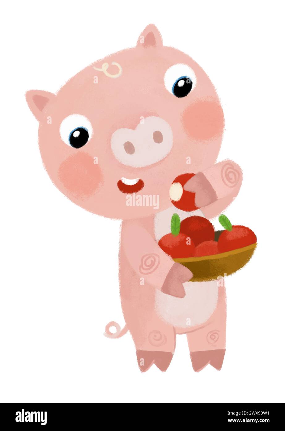 cartoon scene with happy farmer ranch pig hog holding basket full of ...
