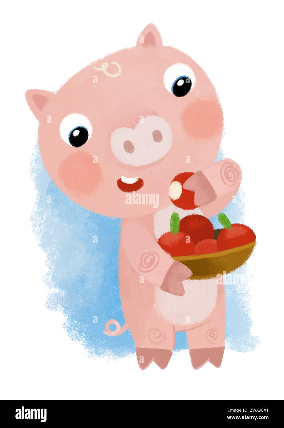 cartoon scene with happy farmer ranch pig hog holding basket full of ...