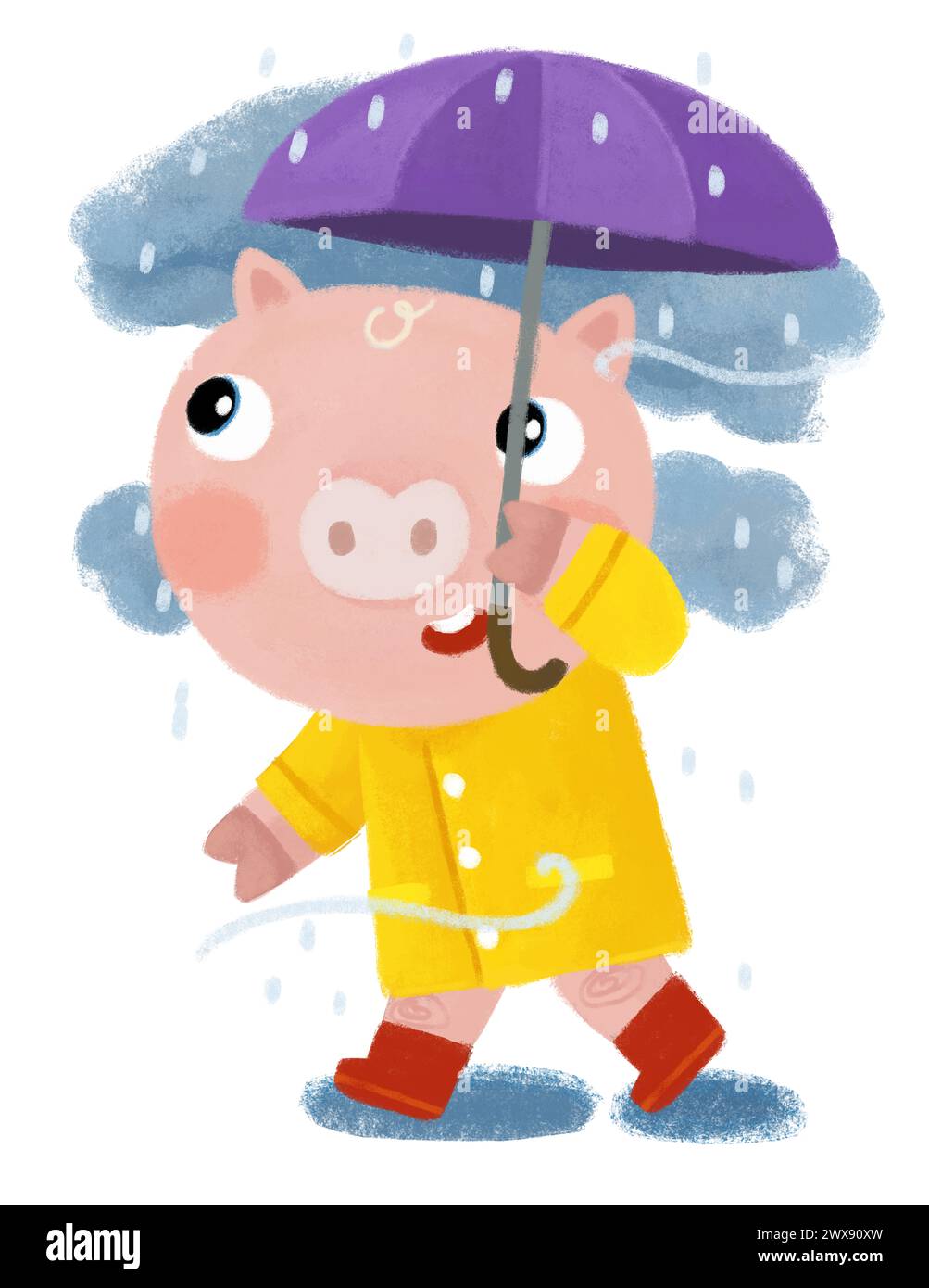 cartoon scene with happy farmer pig boy on the trip with umbrella in ...