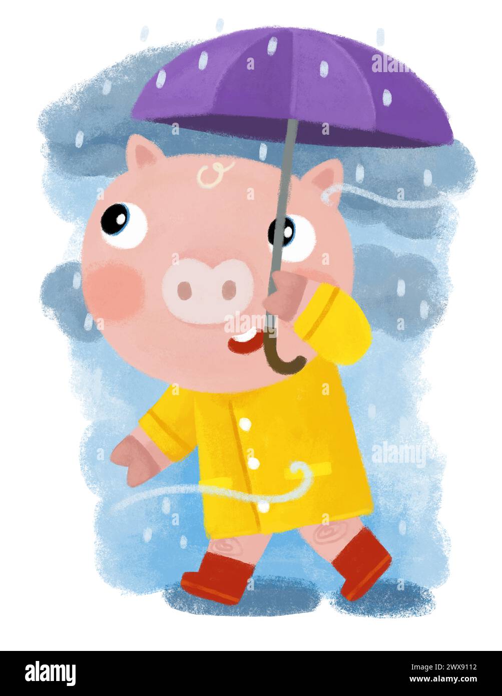 cartoon scene with happy farmer pig boy on the trip with umbrella in ...