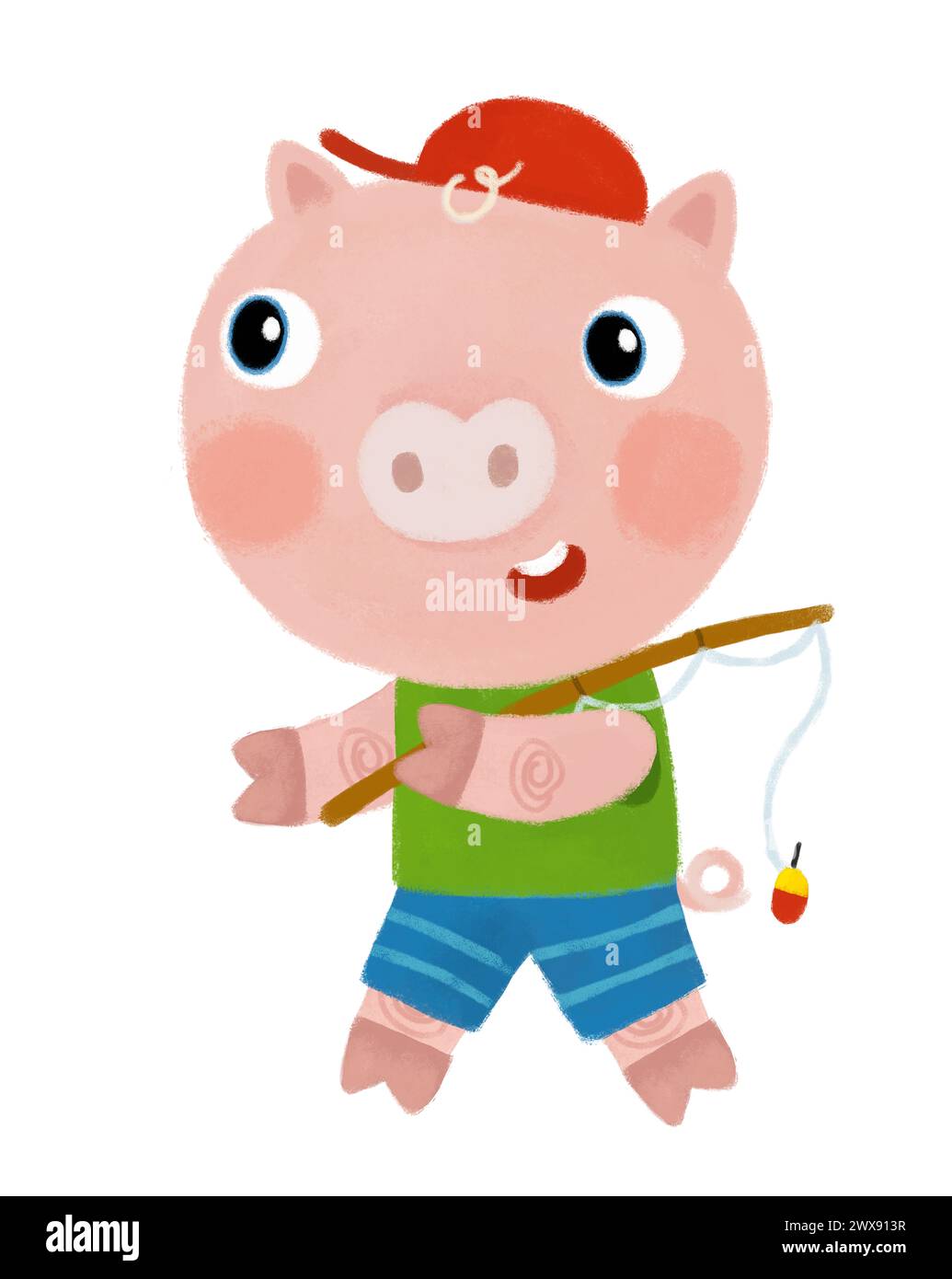 cartoon scene with farm pig boy child walking to fish and smiling and ...