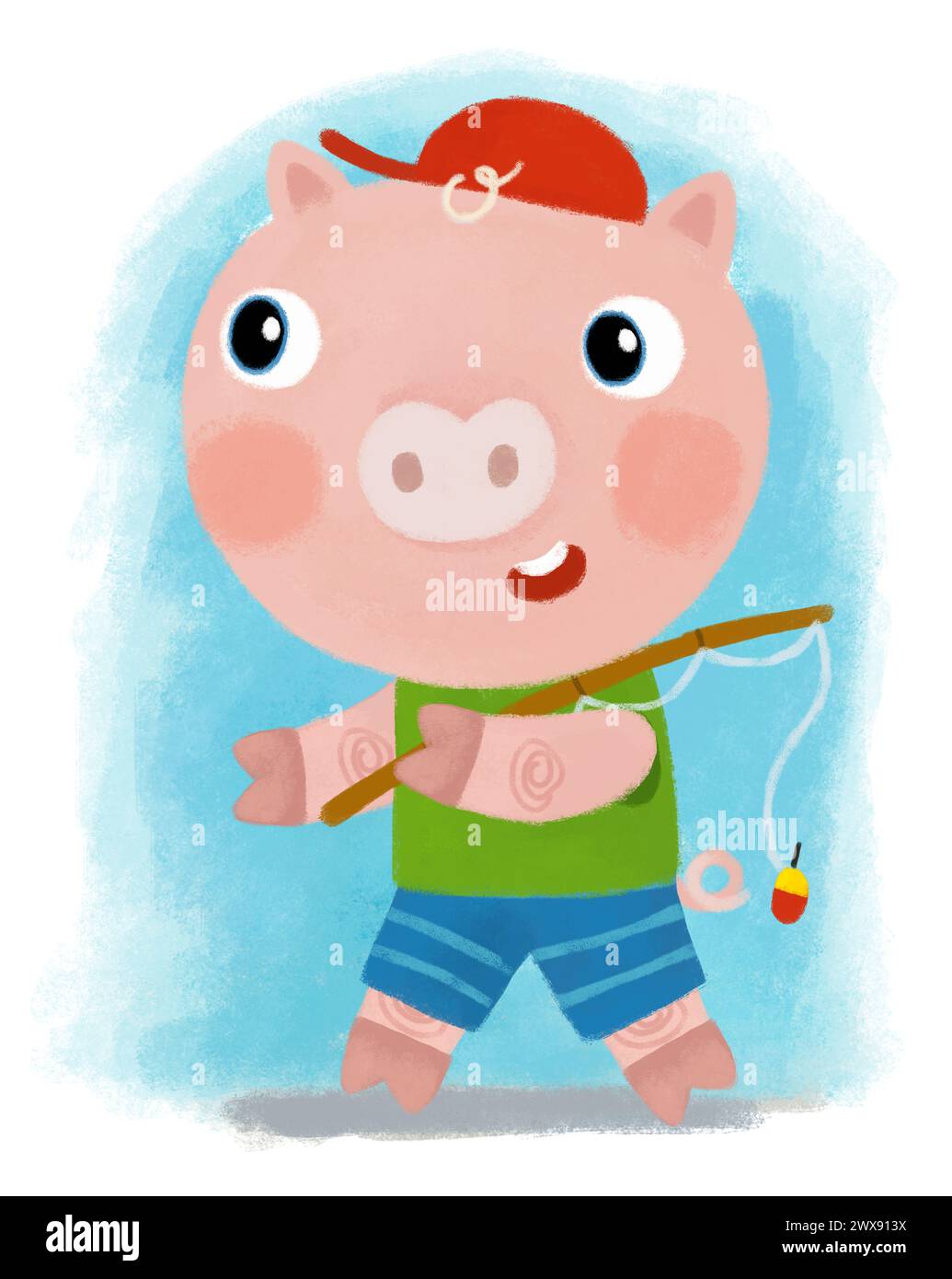 cartoon scene with farm pig boy child walking to fish and smiling and ...