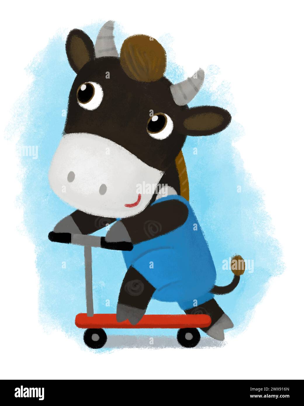 cartoon scene with farm cow bull buffalo boy child riding on scooter ...