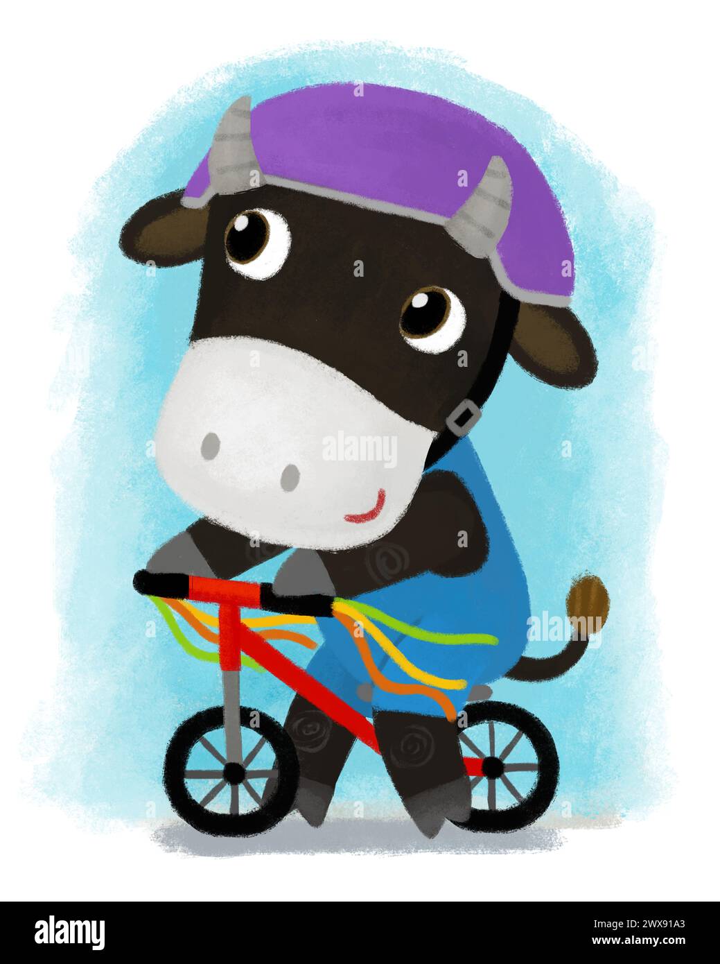 cartoon scene with farm boy cow bull riding on a bicycle illustration ...