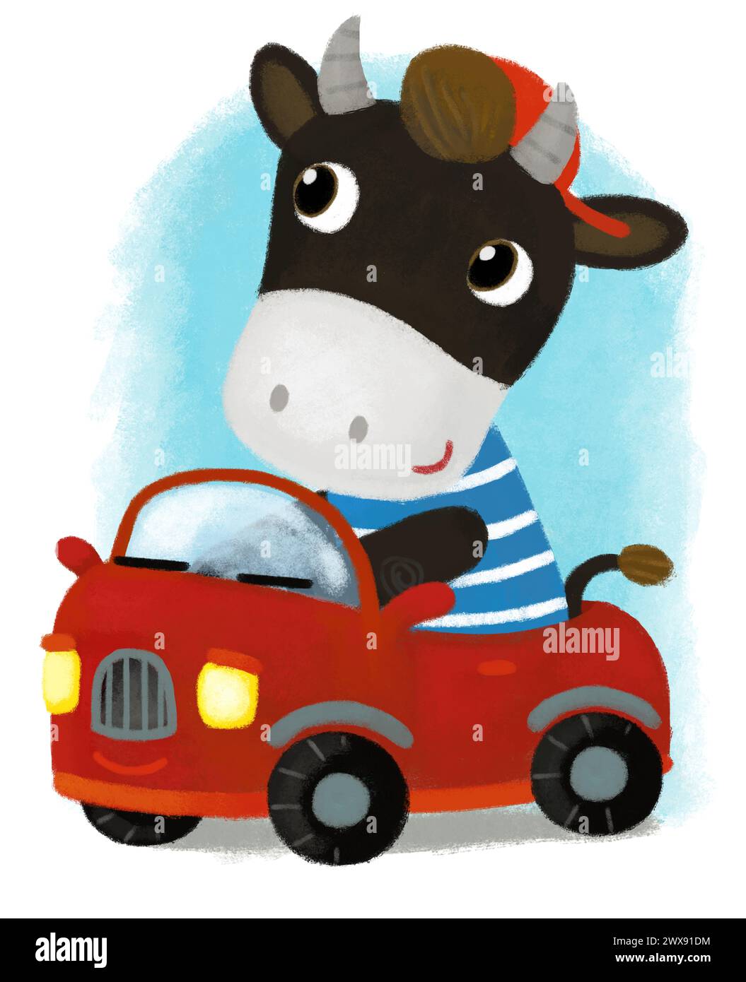 cartoon scene with farm cow bull boy child driving car transportation ...