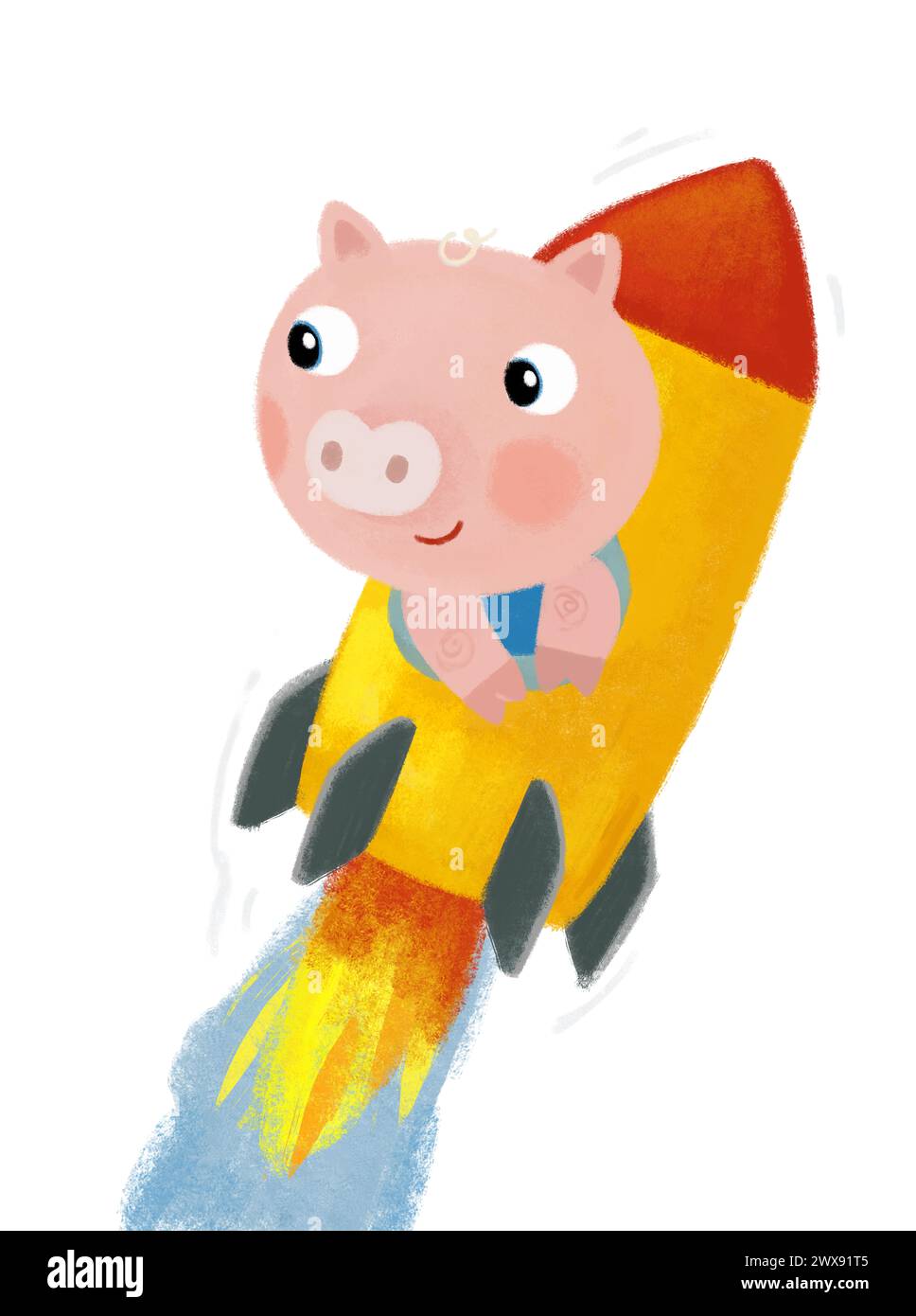cartoon scene with happy young pig hog flying on the rocket to the moon ...