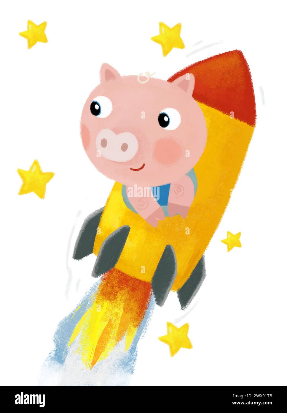 cartoon scene with happy young pig hog flying on the rocket to the moon ...