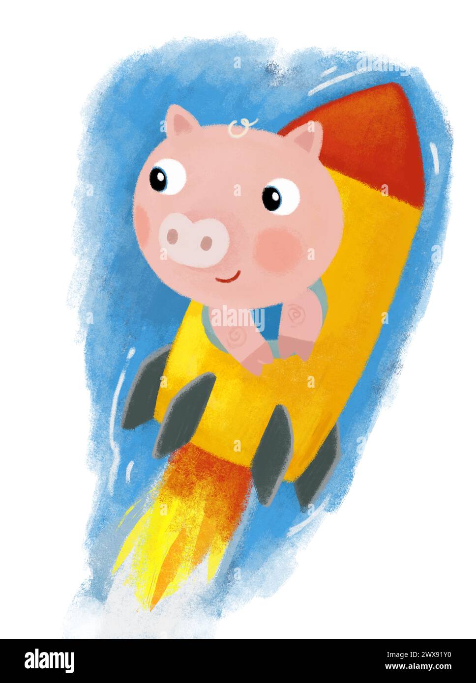 cartoon scene with happy young pig hog flying on the rocket to the moon ...
