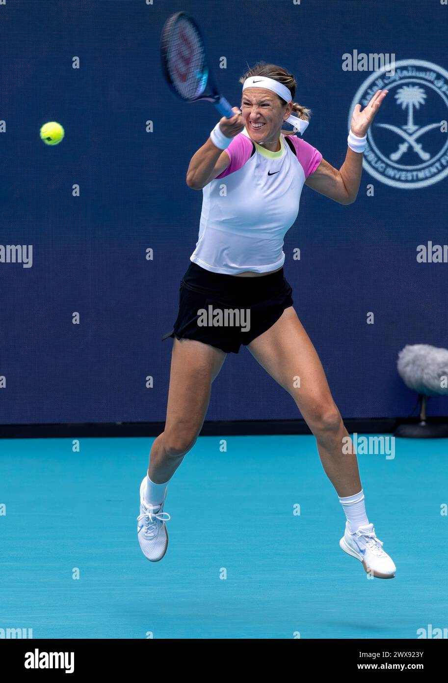 Miami Gardens, United States. 28th Mar, 2024. Victoria Azarenka hits a ...