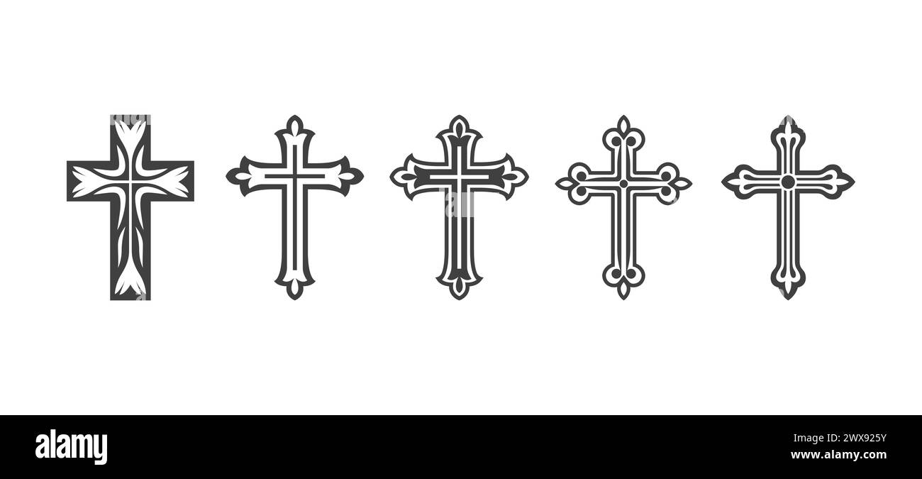 Flat Vector Black Christian Cross Icons Set Isolated on a White ...