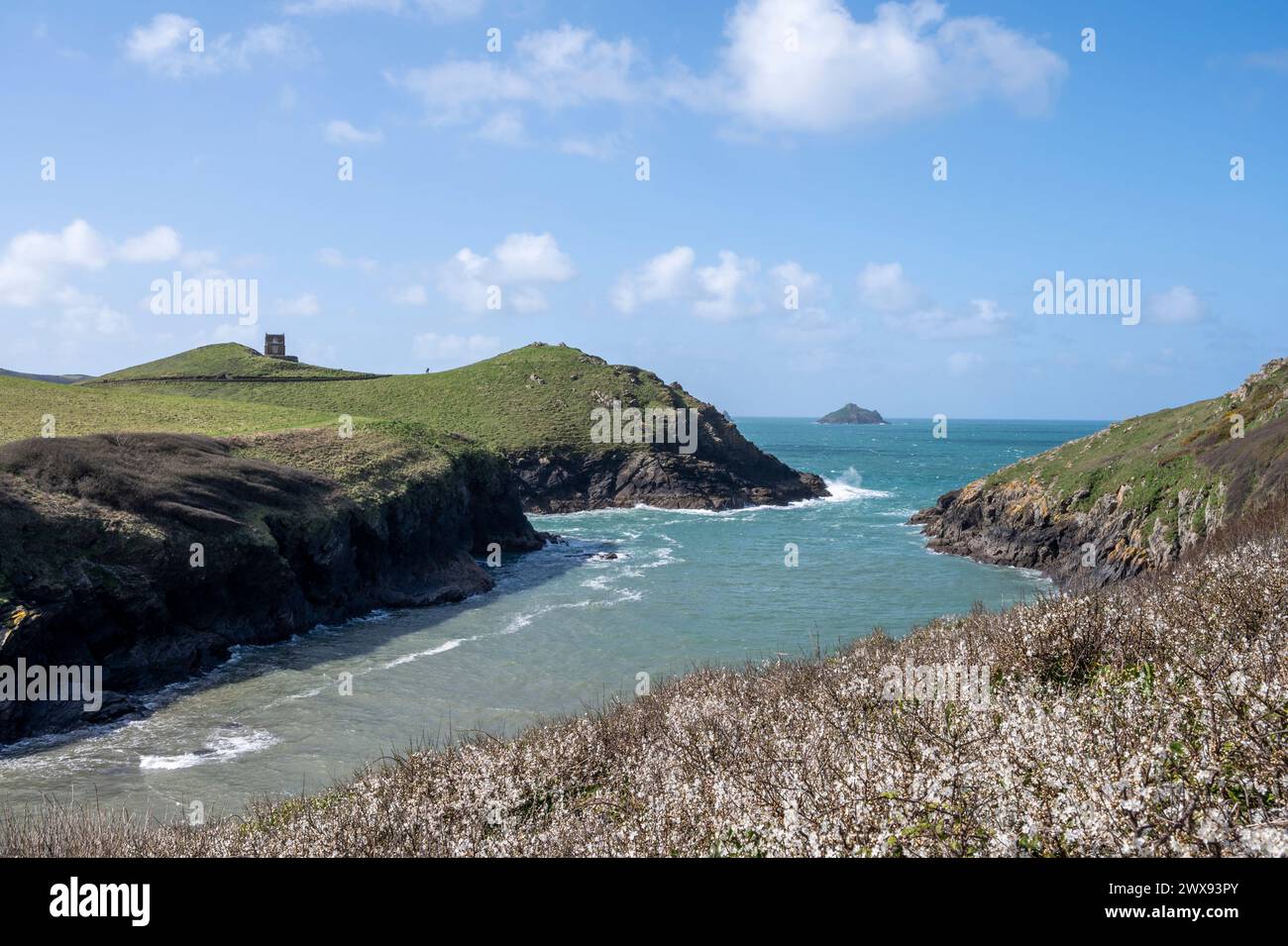 View from the South west Coast Path of Port Quin Bay, Lundy Bay and ...