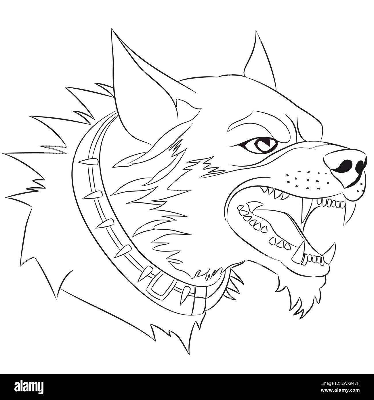 The head of an angry dog in a collar with spikes and bared fangs ...