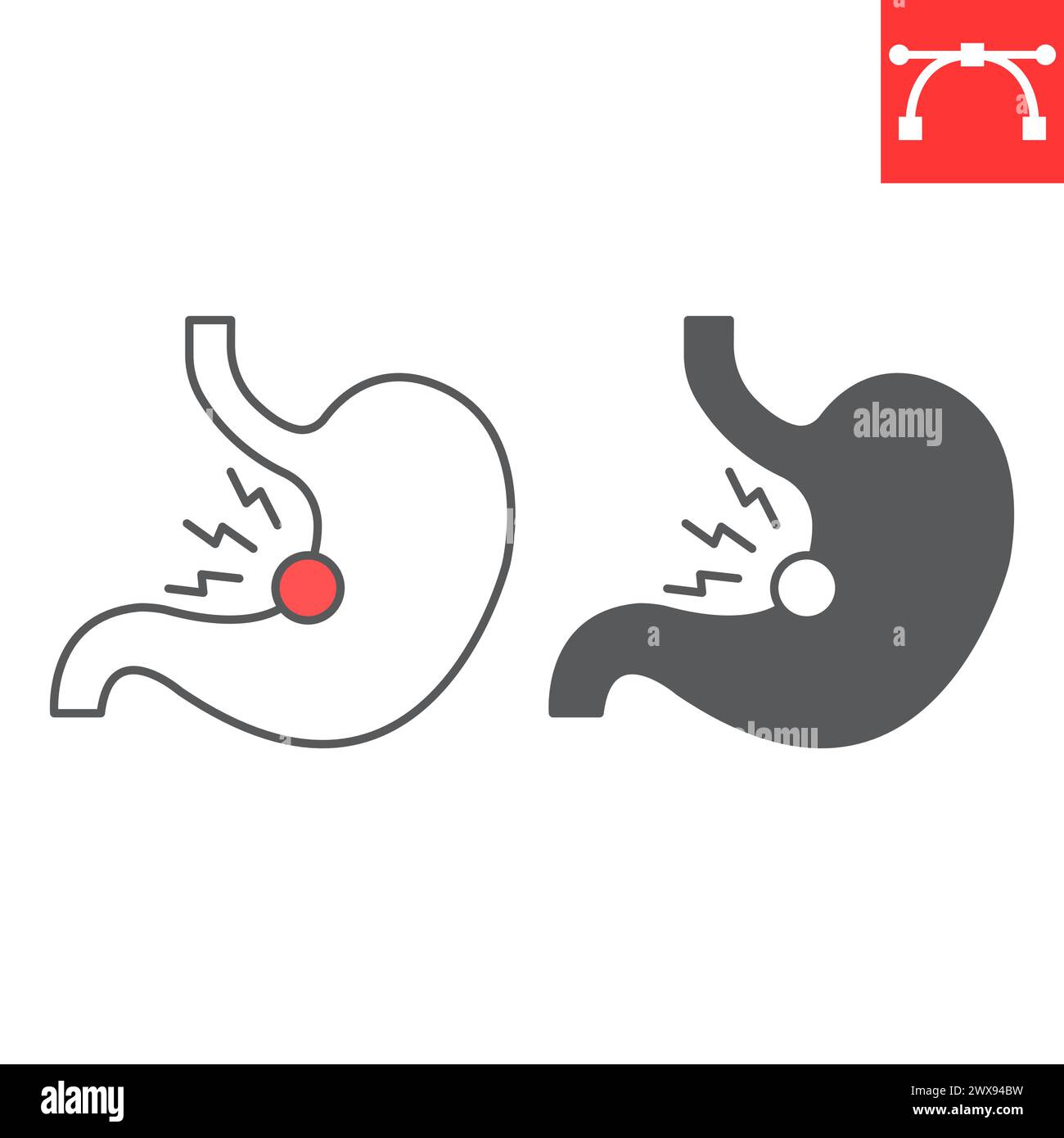 Stomach pain line and glyph icon, body and human disease, gastric pain ...