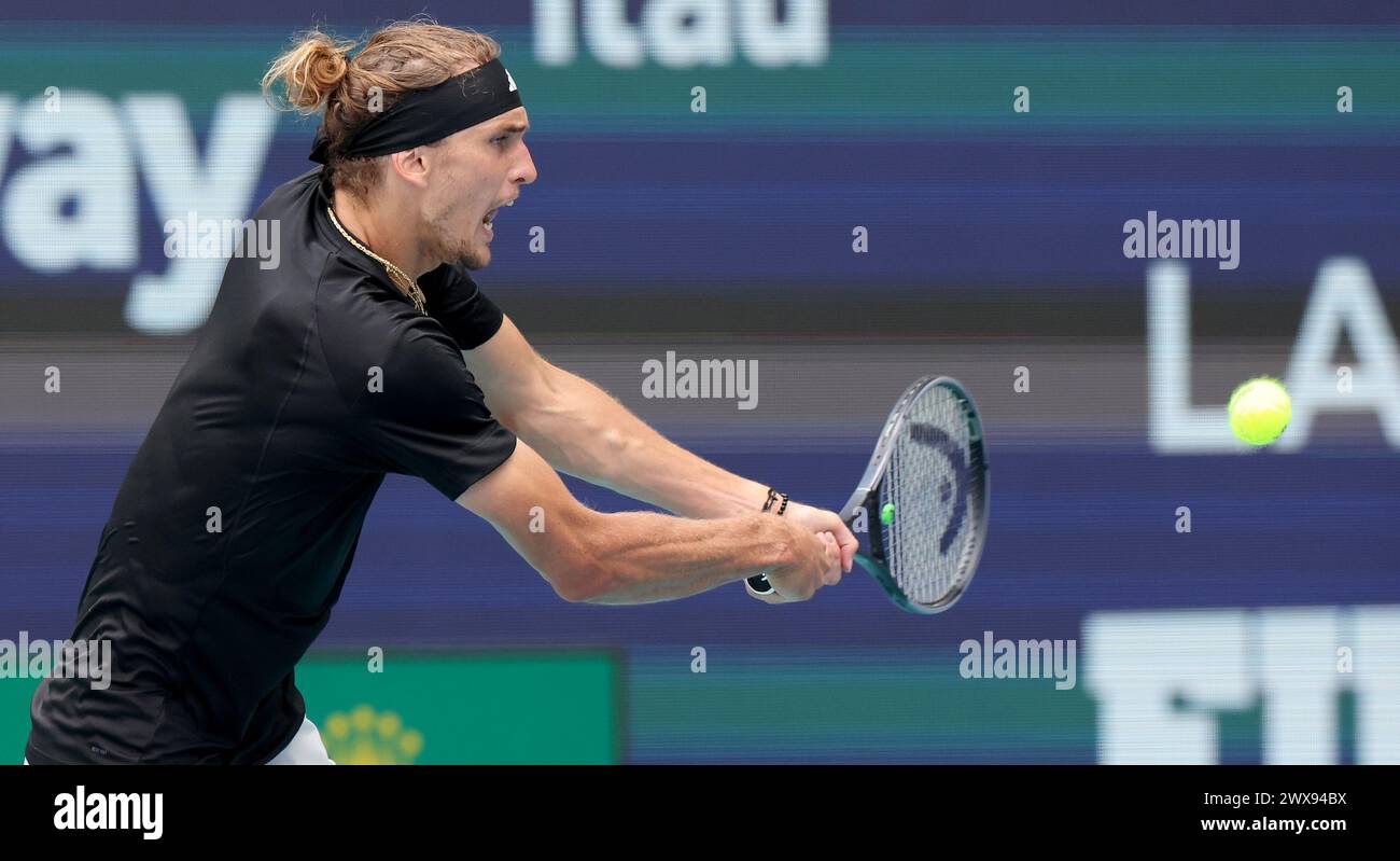 MIAMI GARDENS, FLORIDA - MARCH 28: Alexander Zverev of Germany defeats Fabian Marozsan of ...