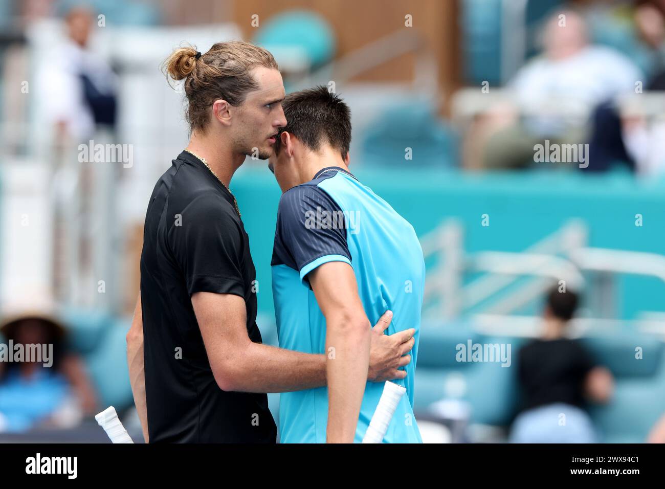 MIAMI GARDENS, FLORIDA - MARCH 28: Alexander Zverev of Germany defeats Fabian Marozsan of ...
