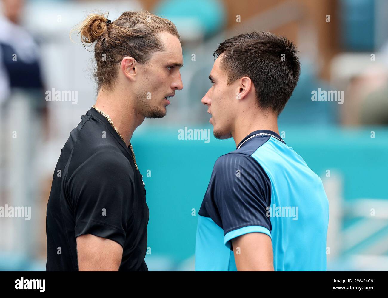 MIAMI GARDENS, FLORIDA - MARCH 28: Alexander Zverev of Germany defeats Fabian Marozsan of ...