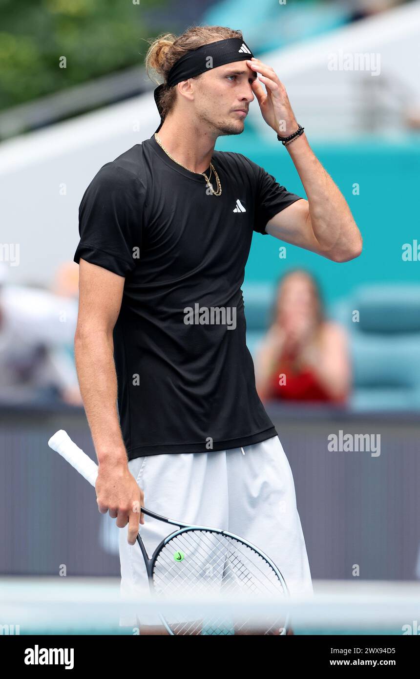 MIAMI GARDENS, FLORIDA - MARCH 28: Alexander Zverev of Germany defeats Fabian Marozsan of ...