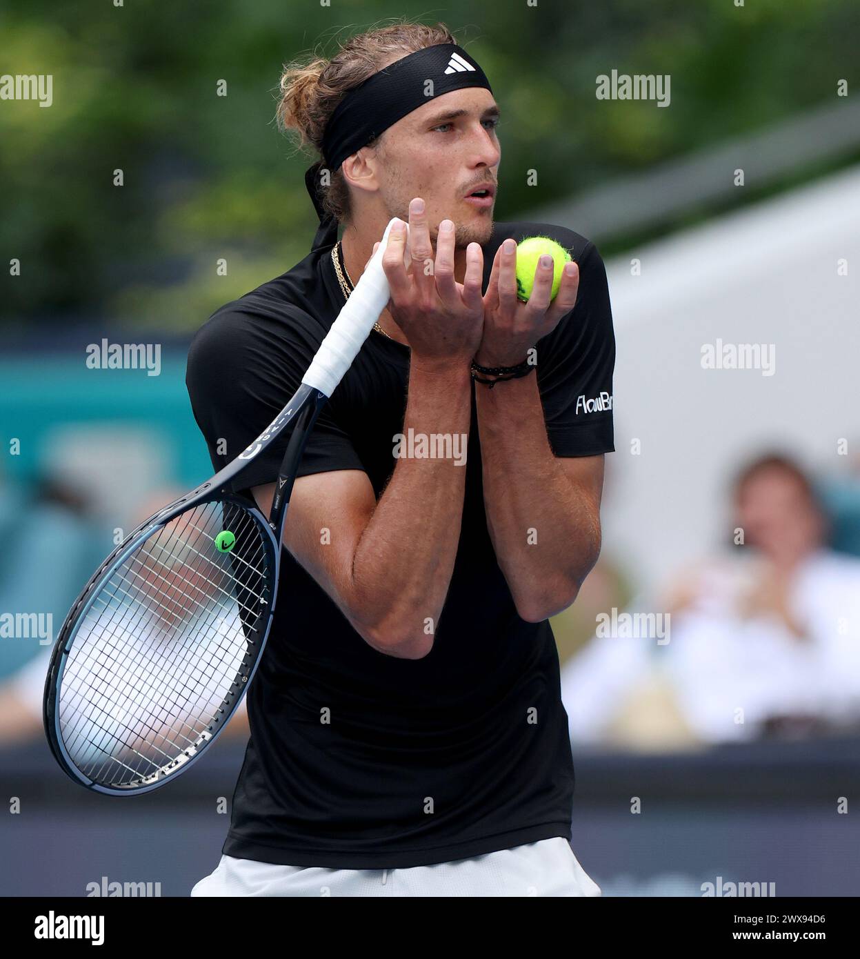 MIAMI GARDENS, FLORIDA - MARCH 28: Alexander Zverev of Germany defeats Fabian Marozsan of ...