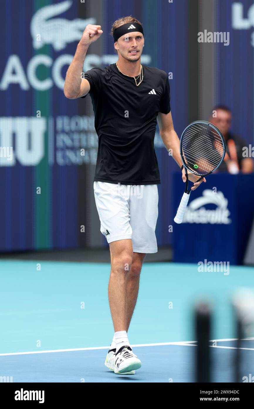 MIAMI GARDENS, FLORIDA - MARCH 28: Alexander Zverev of Germany defeats Fabian Marozsan of ...