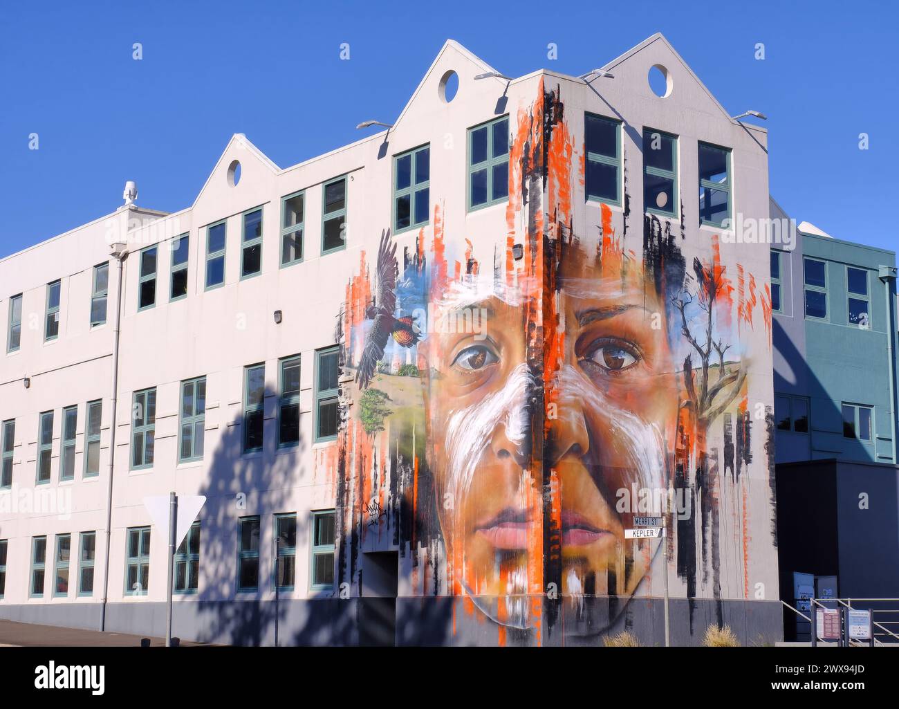 Warrnambool: Ngatanwarr Welcome mural by Adnate on building corner of Kepler and Merri Street in ...