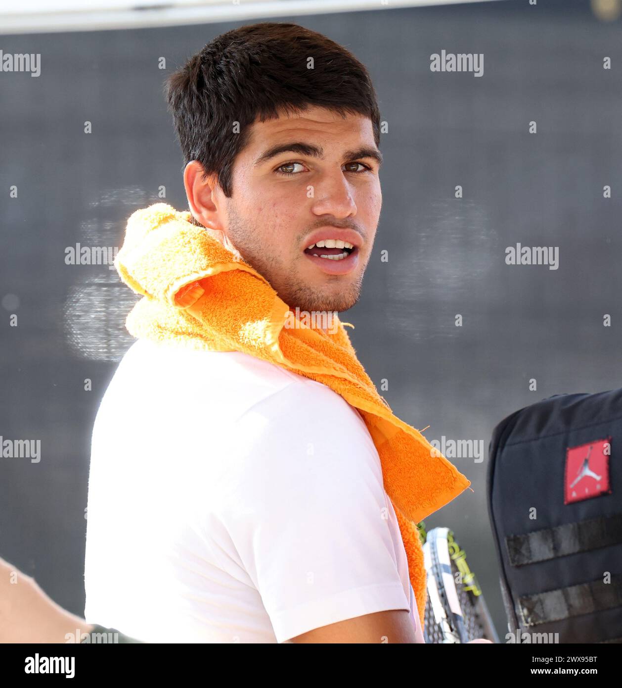 MIAMI GARDENS, FLORIDA - MARCH 28: Carlos Alcaraz on a practice court ...