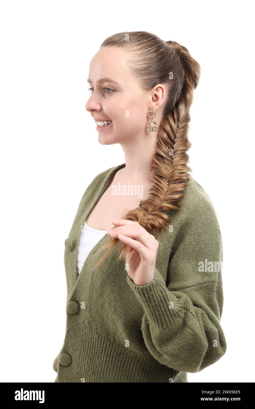 Woman with braided hair on white background Stock Photo - Alamy