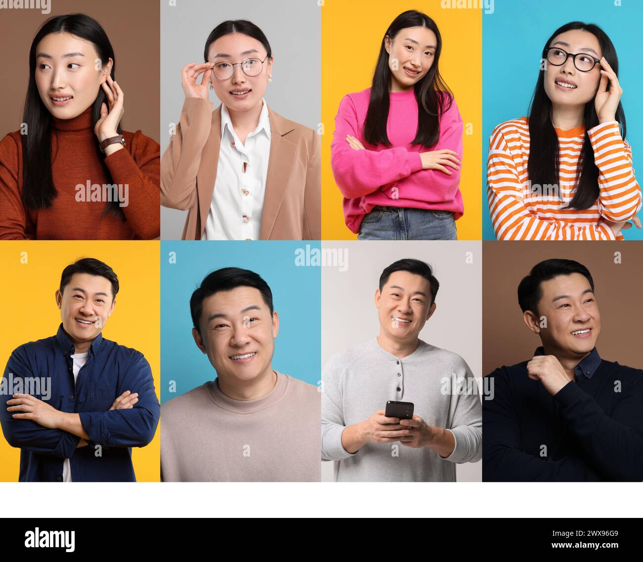 Collage with photos of Asian woman and man on different color ...
