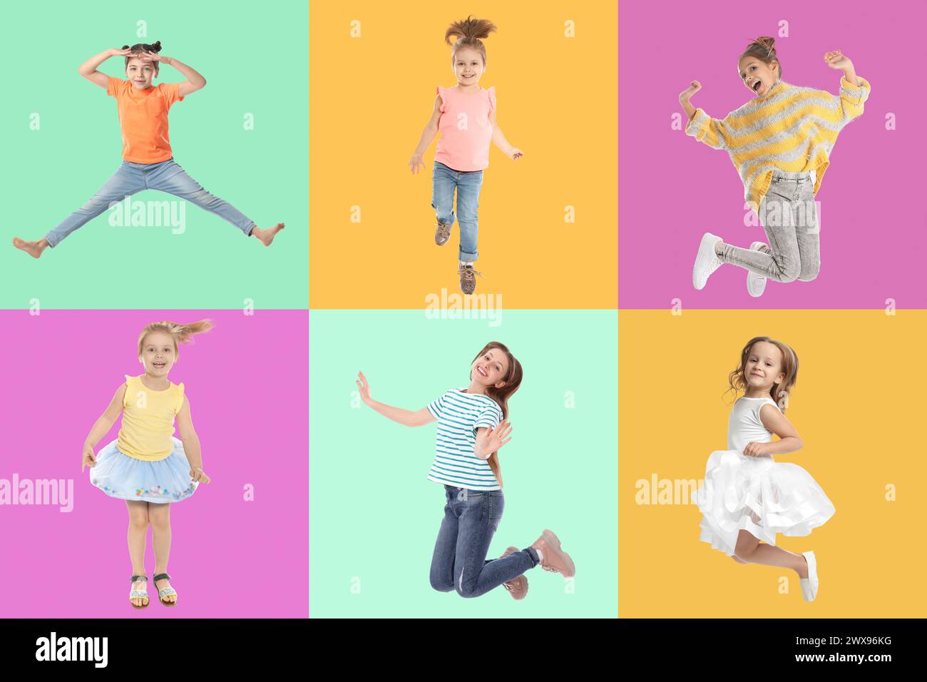 Group of children jumping on color backgrounds, set of photos Stock ...