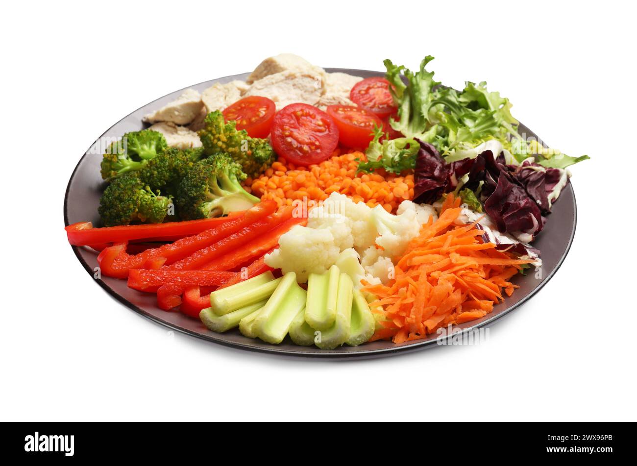 Balanced diet and healthy foods. Plate with different delicious ...