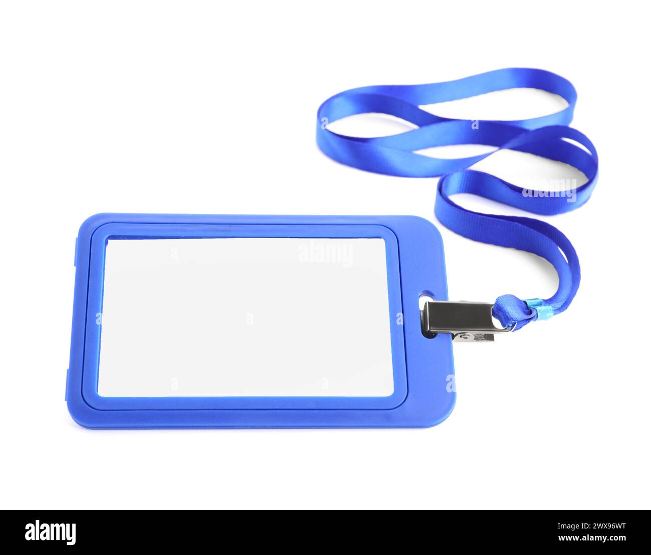 Blank blue badge with string isolated on white Stock Photo - Alamy