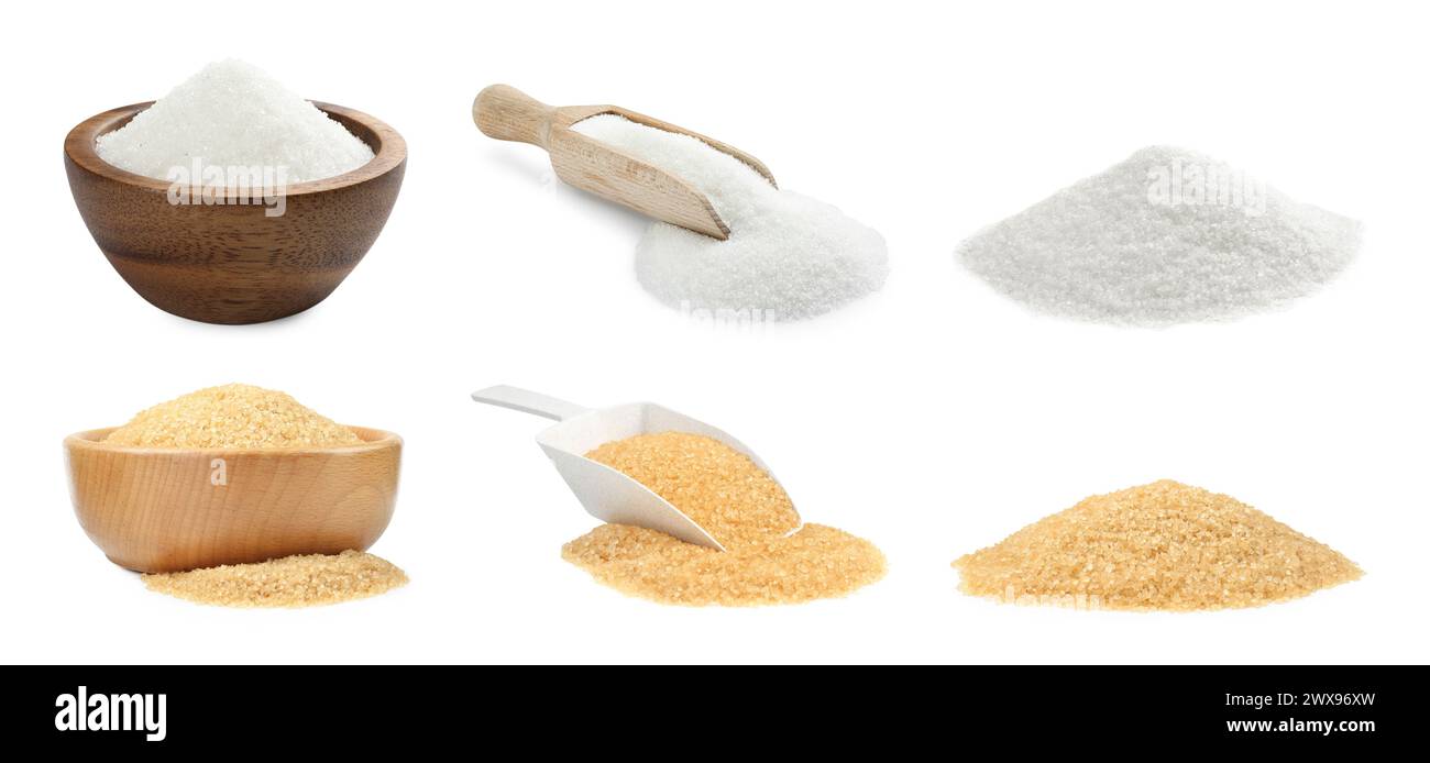 Different granulated sugar isolated on white, set Stock Photo - Alamy