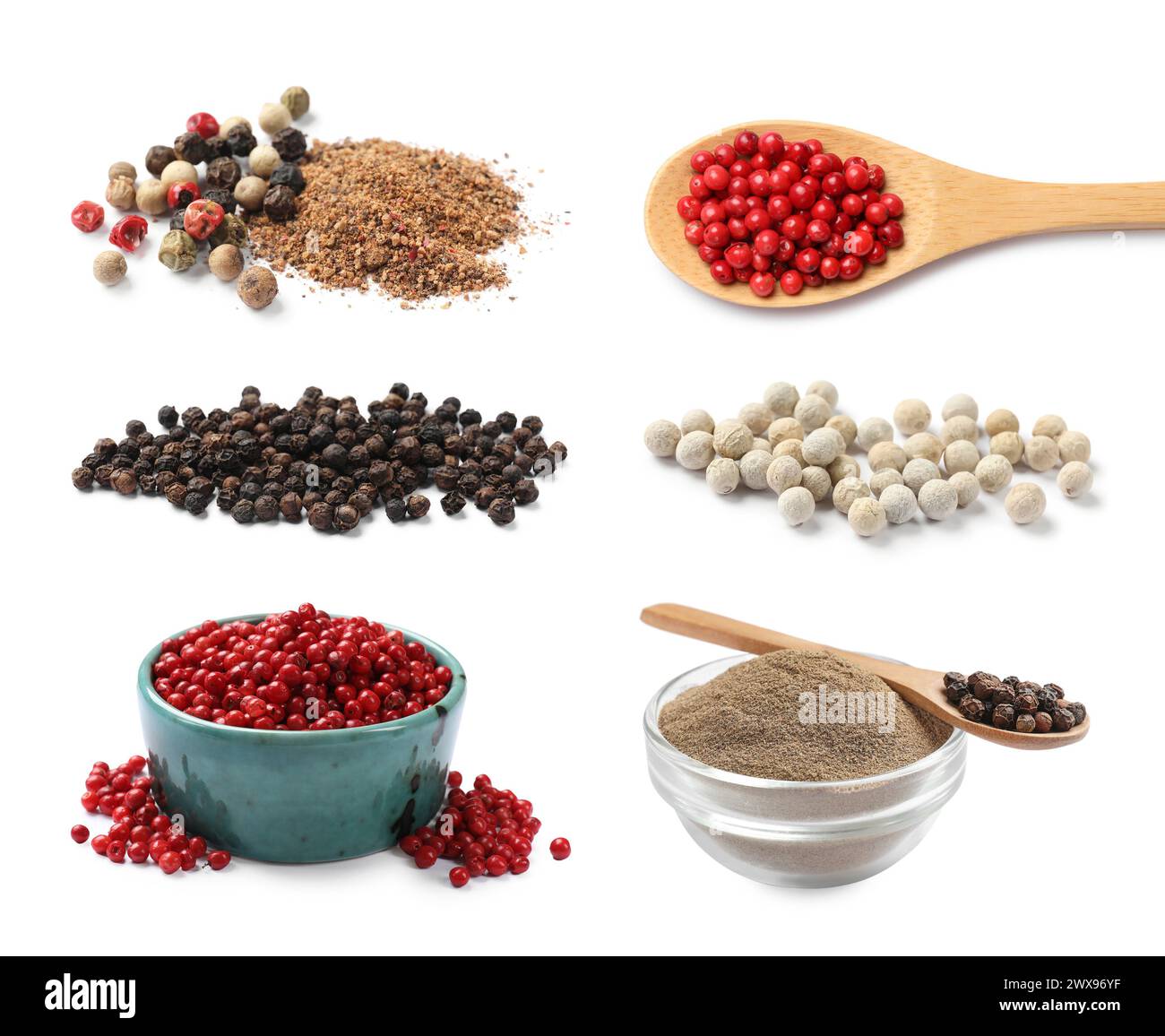 Aromatic spices. Different types of peppercorns and ground pepper ...