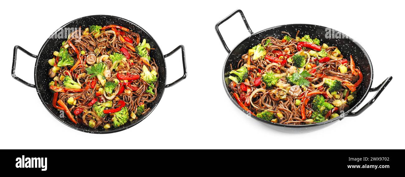 Wok with stir fried noodles, mushrooms and vegetables isolated on white ...