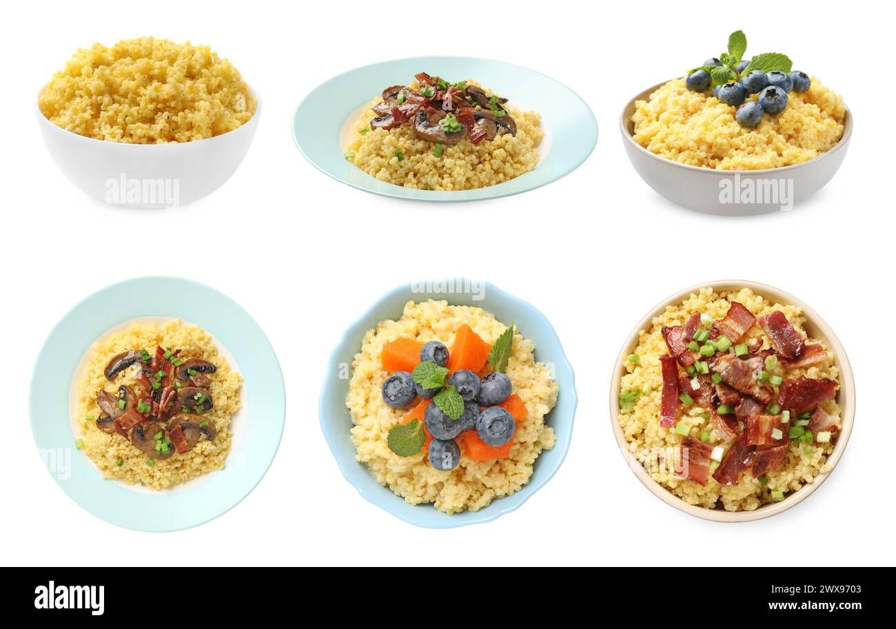 Tasty millet porridge isolated on white, set Stock Photo - Alamy