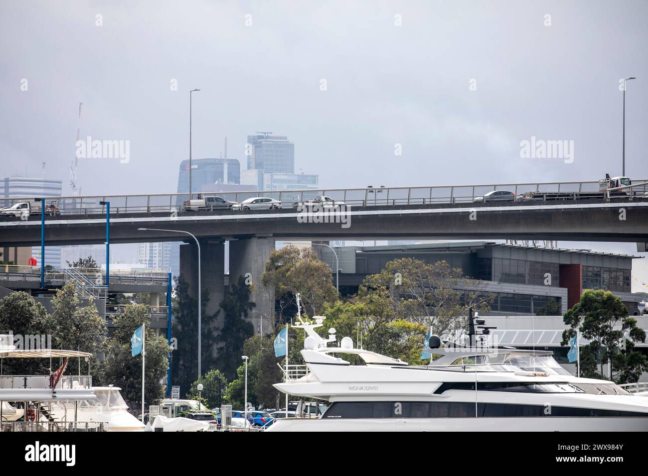 Anzac Bridge at glebe Sydney, cars and vehicles drive across the bridge ...
