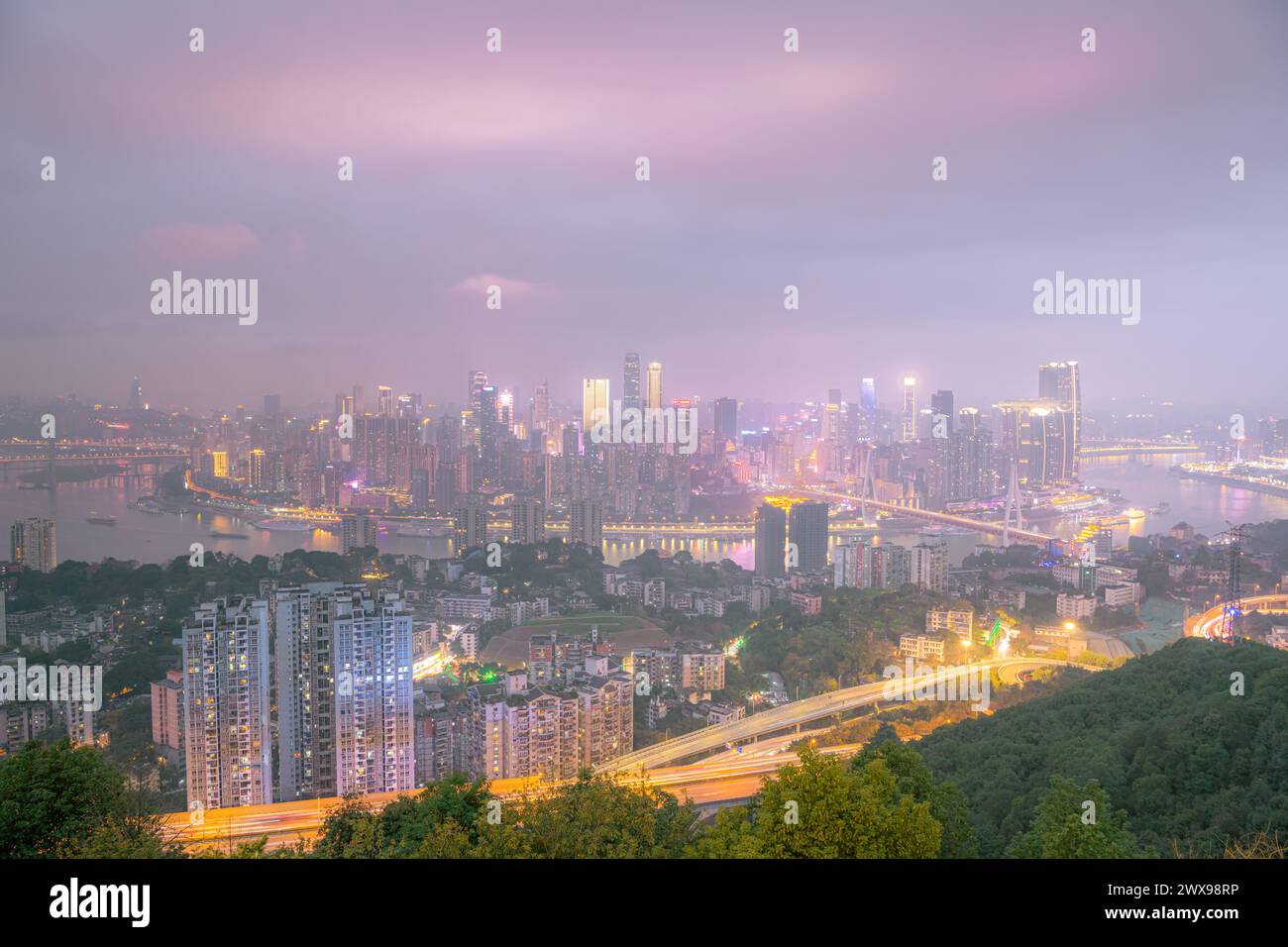 City skyline and river night view in Chongqing, China. Background image ...