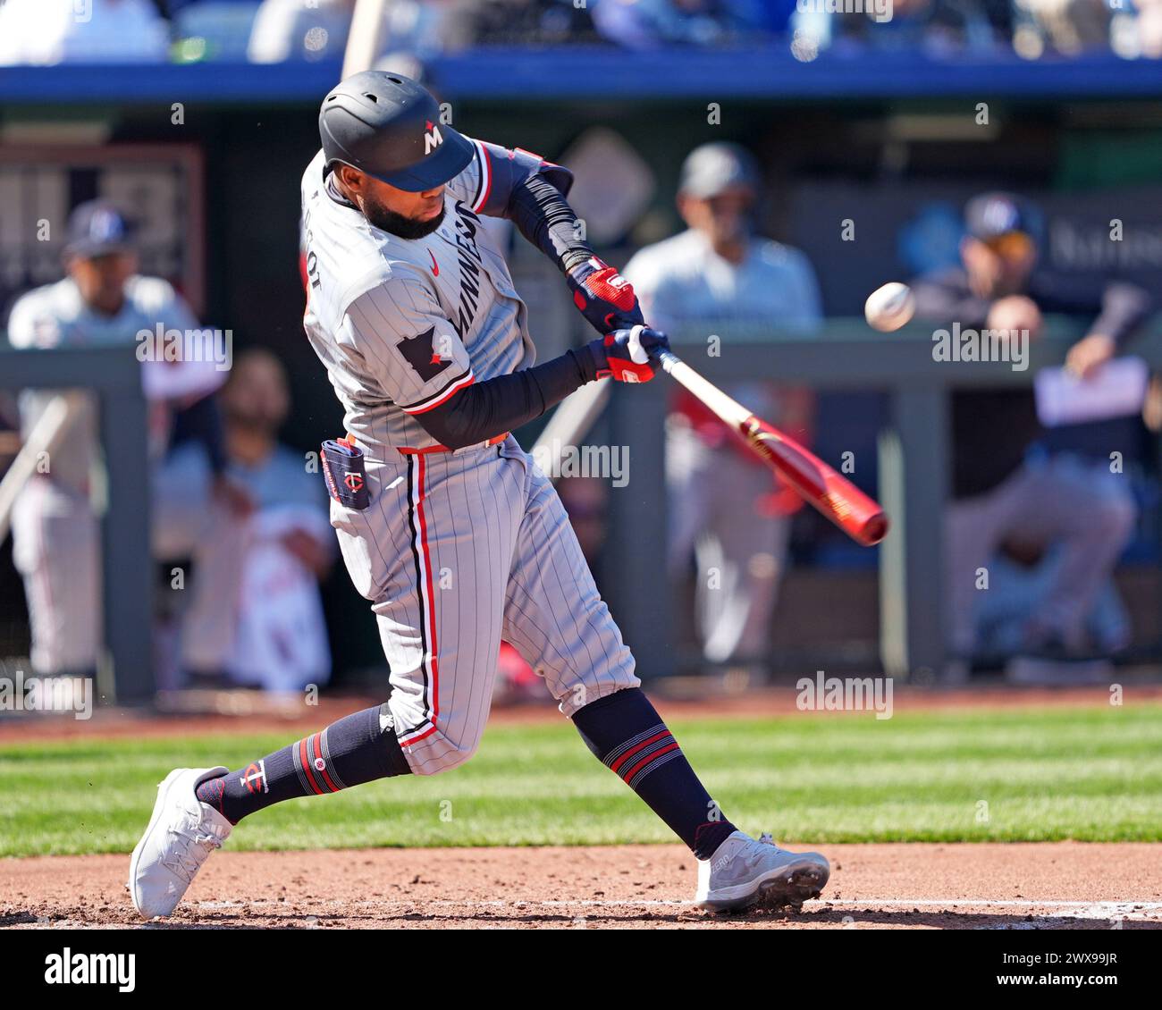 MAR 28, 2024: Minnesota Twins center fielder Manuel Margot (13) drives ...