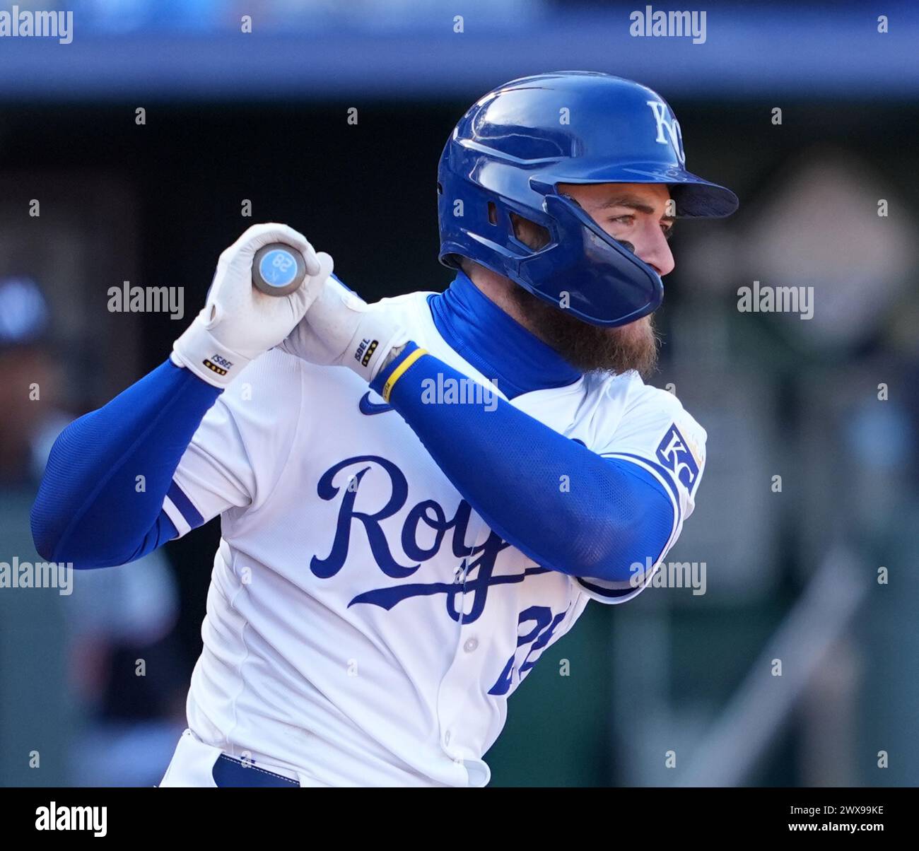 MAR 28, 2024: Kansas City Royals center fielder Kyle Isbel (28) watches ...