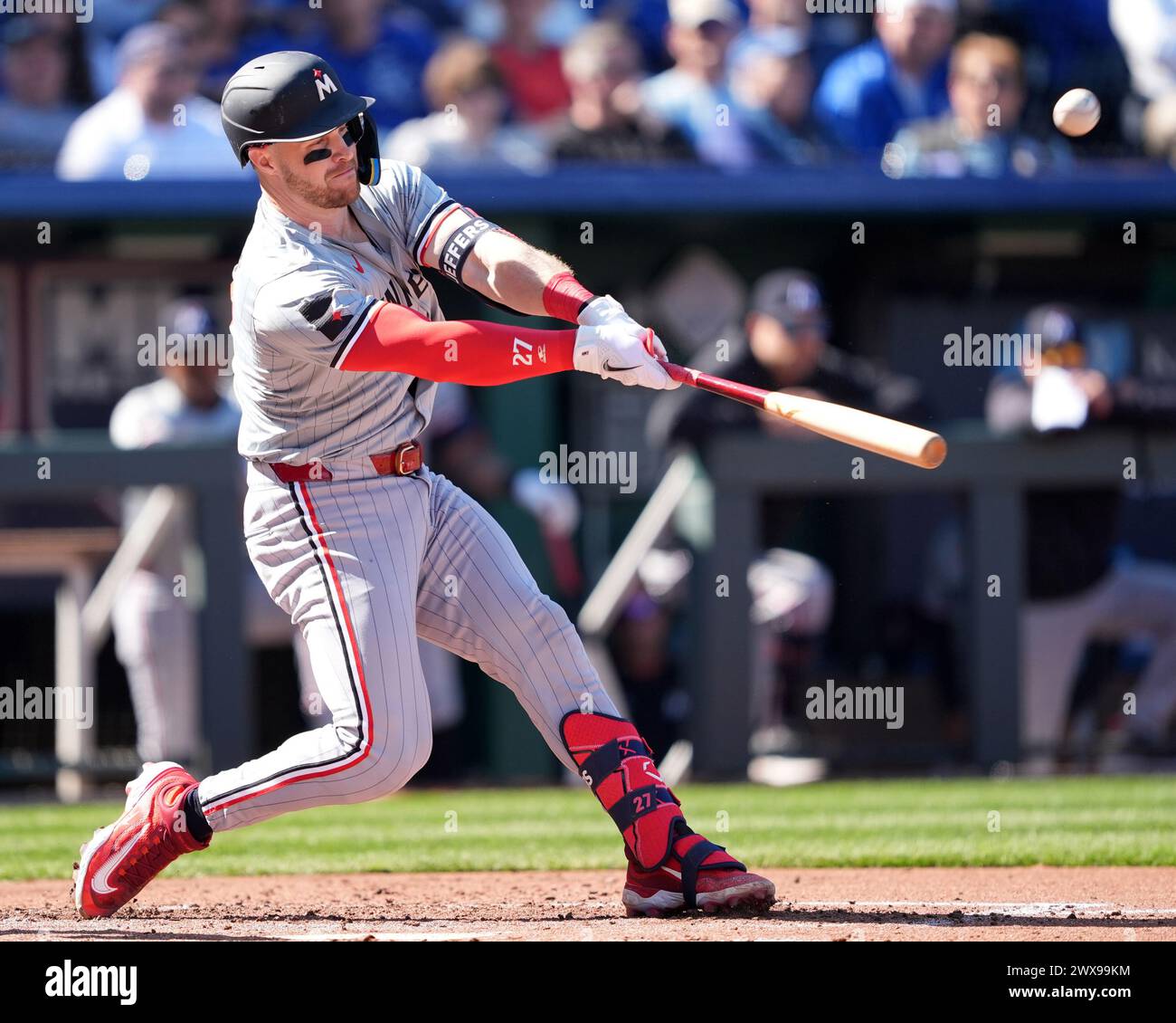 MAR 28, 2024: Minnesota Twins catcher Ryan Jeffers (27) lifts a fly ...