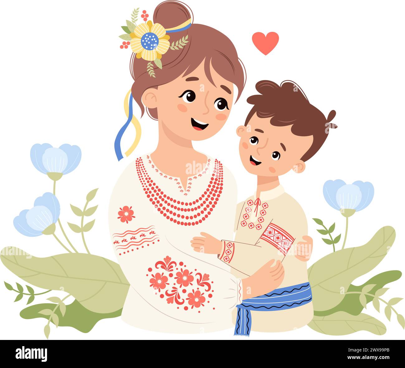 Cute happy Ukrainian woman mother and son in traditional clothes ...