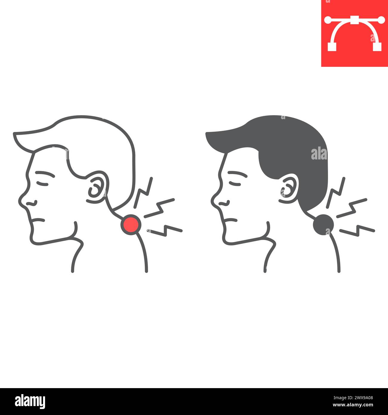 Neck pain line and glyph icon, body pain and human disease, neckache ...