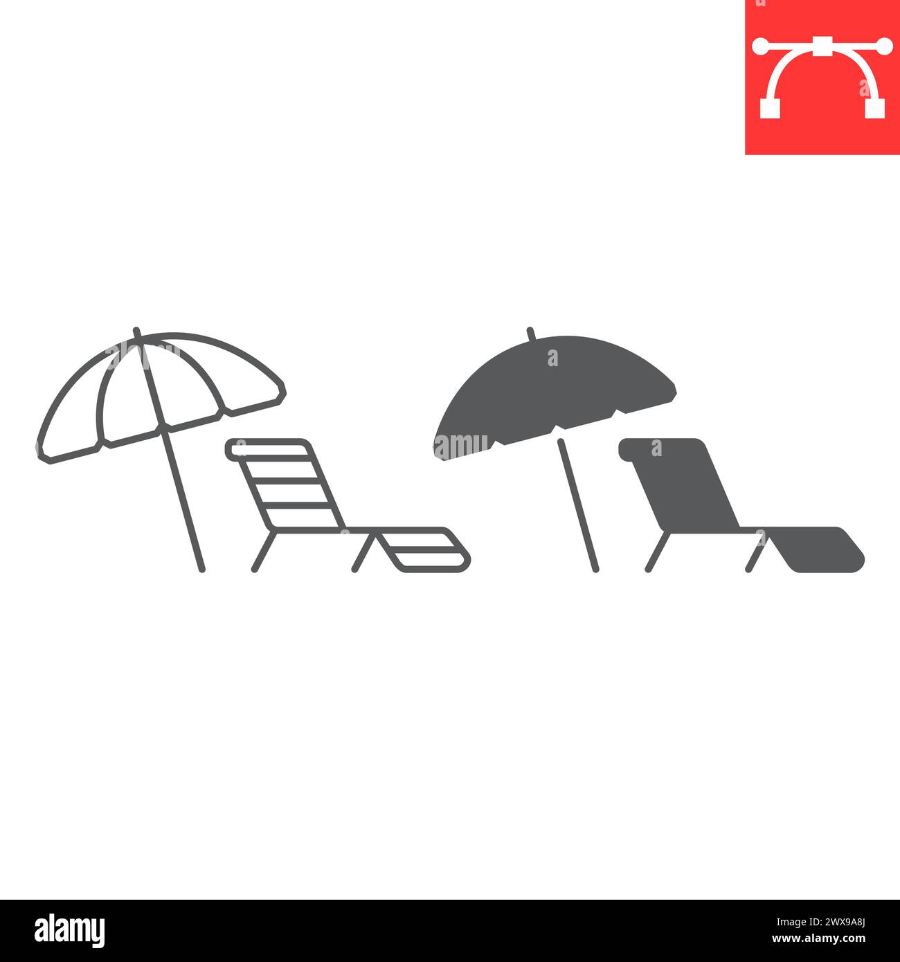 Umbrella and sun lounger line and glyph icon, summer and vacation ...