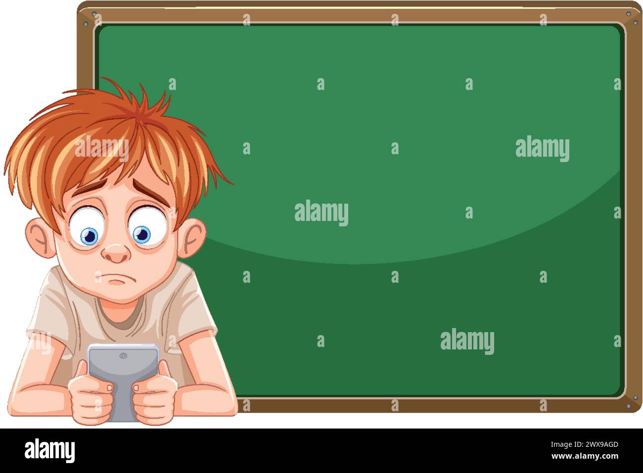 Cartoon boy looking at phone in front of board Stock Vector Image & Art ...
