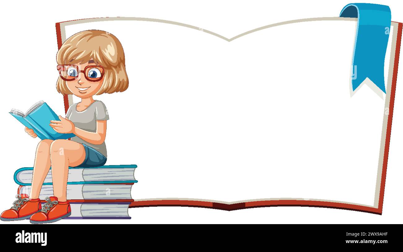 Cartoon girl reading on a stack of books Stock Vector Image & Art - Alamy