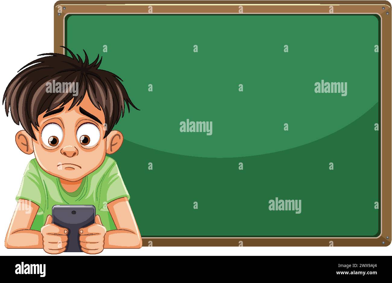 Cartoon boy looking at phone in front of board Stock Vector Image & Art ...