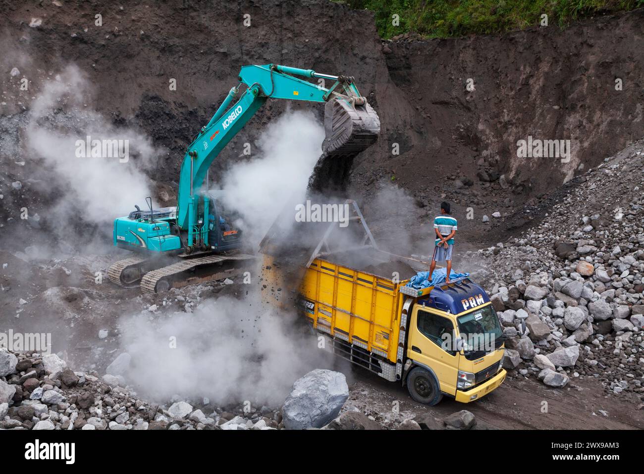 Volcanic sand mining at the bottom of Merapi volcano, Yogjakarta ...