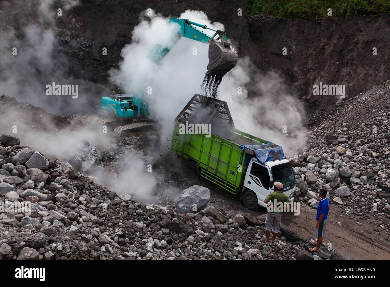 Volcanic sand mining at the bottom of Merapi volcano, Yogjakarta ...